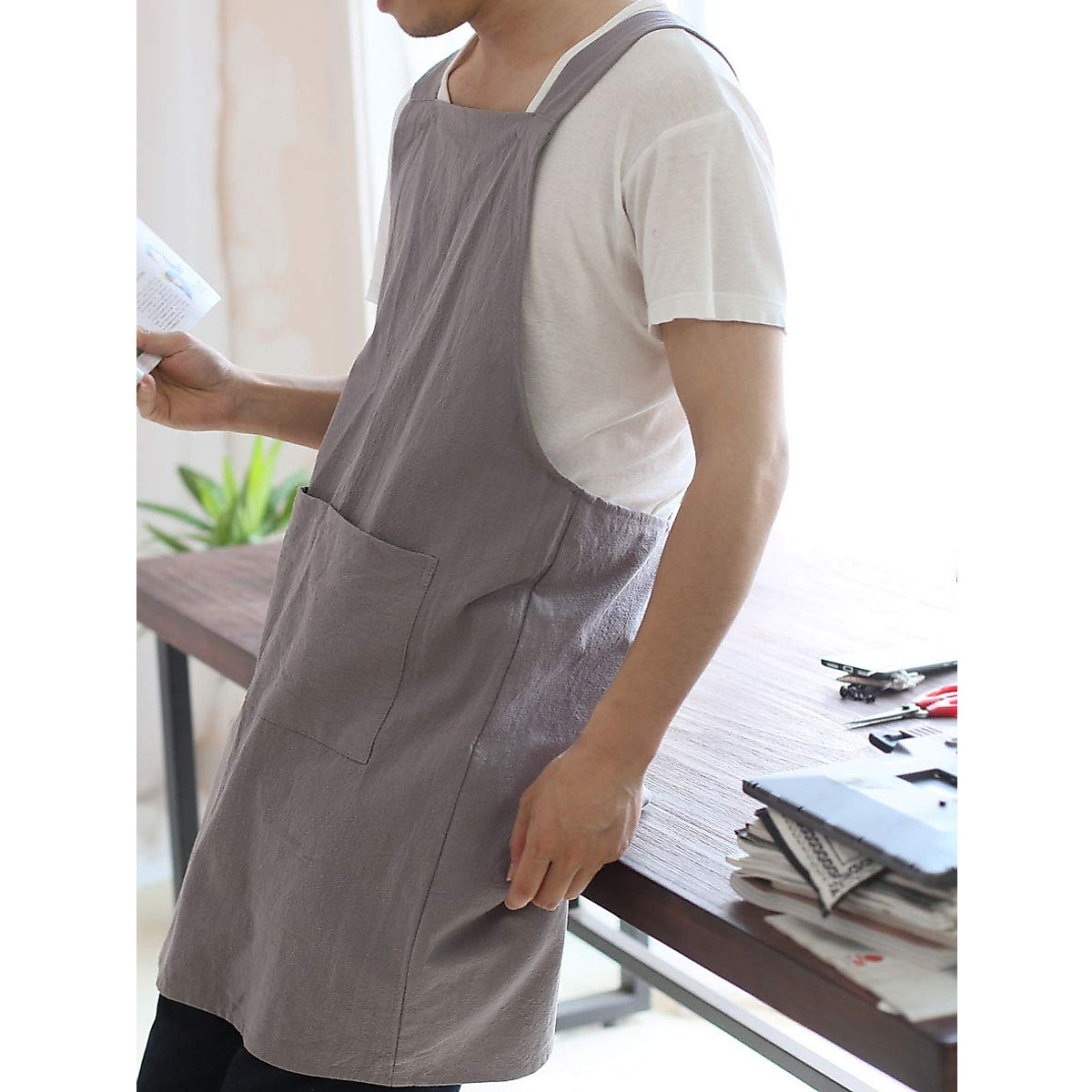 losofar Women Men Cotton/Linen Japanese Style Cross Back Aprons Pinafore Dress with Two Pockets for Cooking, Housewarming, Daily Chores(grey, 24×27.6inch)
