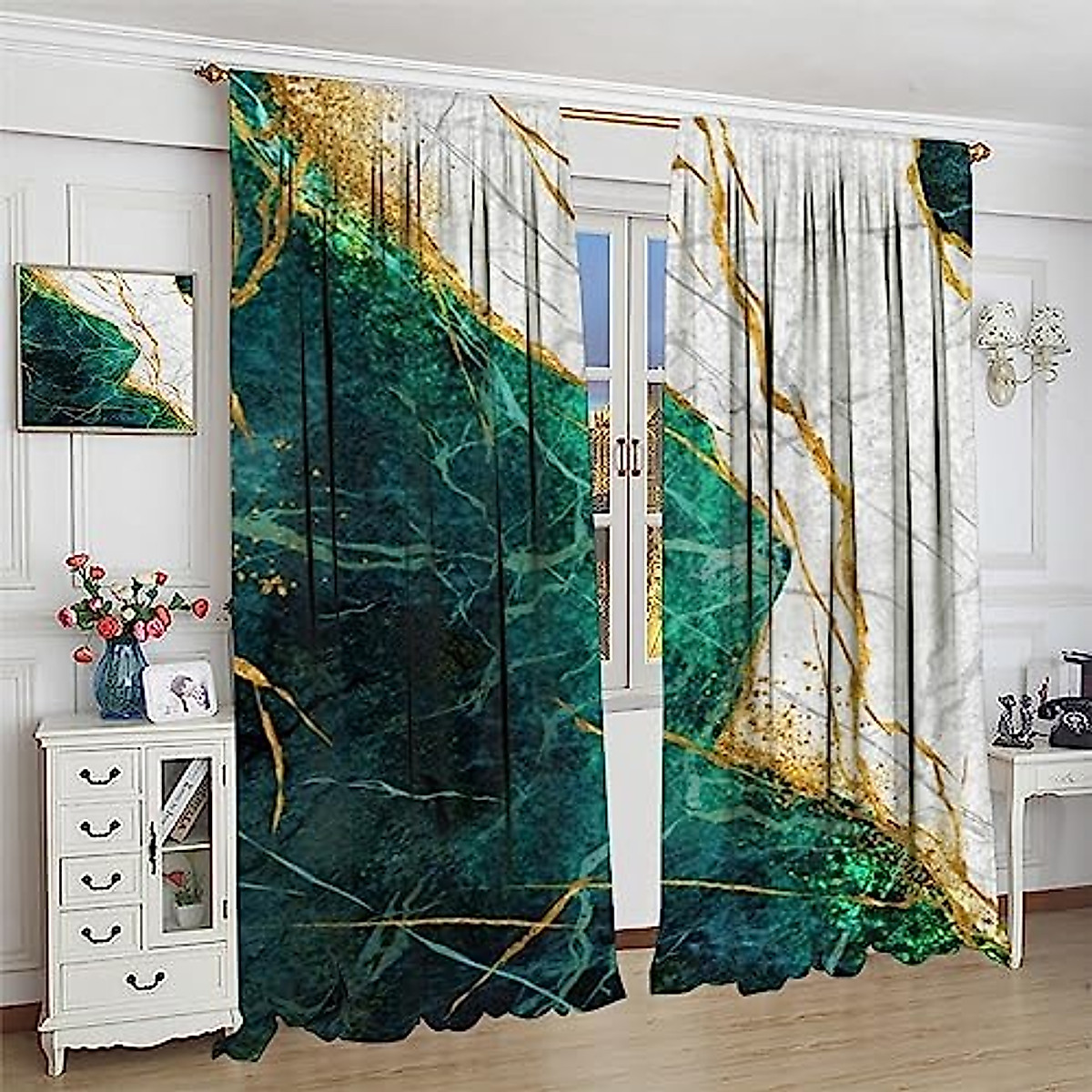 Marble Blackout Curtain,Ombre Emerald Green Golden Texture Backdrop Drapes,Rod Pocket Insulated Window Curtains for Living Room Bedroom Kitchen,42x45in