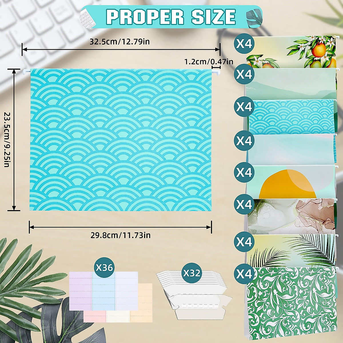 32 Colored Hanging File Folders with Tabs and Inserts, 8 Pretty Graphic Designs, 1/5 Cut Adjustable Tab, 9.3 x 11.7 Inches to Fit Letter Size Documents