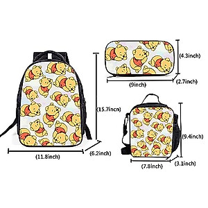 oqizkeu Wi.nnie the P.ooh Bear Teens Backpack 3Pcs Travel Laptop Schoolbag Sets Daypack with Lunch Box And Pencil Case for Boys Girls Gifts