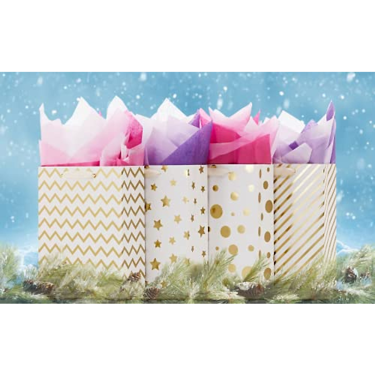 UNIQOOO 12PCS Metallic Gold Christmas Gift Bags Bulk with Handle, Large 12.5 x10 Inch, Assorted Modern Geometric Paper Gift Wrap Bags, For Valentines Day Holiday Birthday Wedding Gift Packaging Decor