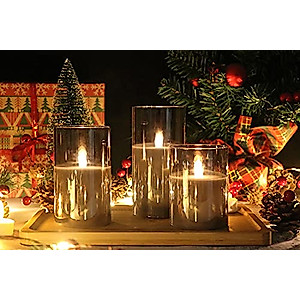 GenSwin Gray Glass Flameless Led Candles Battery Operated with Timer and 10-Key Remote, Real Wax Warm Light Candles Flickering for Wedding Festival Home Decoration (Set of 3)