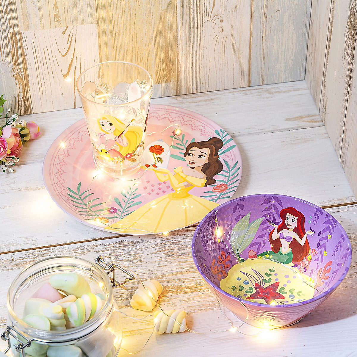 Zak Designs Disney Princess Dinnerware Set Includes Embossed Plate, Bowl, and Tumbler, Made of Durable Plastic Material and Perfect for Kids (3 Piece Set, Ariel & Belle & Rapunzel)