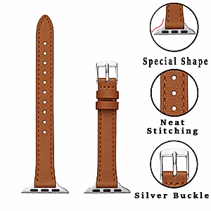 STIROLL Slim Leather Bands Compatible with Apple Watch Band 38mm 40mm 41mm 42mm(Series 10), Top Grain Leather Watch Thin Wristband for iWatch Ultra SE Series 10/9/8/7/6/5/4/3/2/1(Brown with Silver)