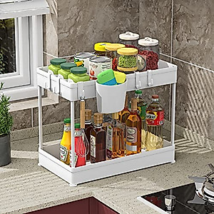 Hekaty 2PCS Under Sink Organizer and Storage Multi-purpose 2 Tier Bathroom Organizer Storage Cabinet Kitchen Organizer Storage With Cup & Hooks Cleaning Supplies Organizer with Hanging Cup Hooks White