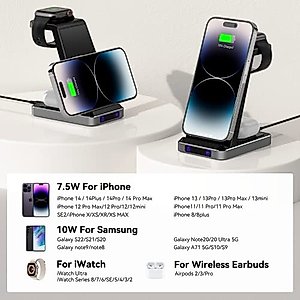 Charging Station for iPhone Multiple Devices - 3 in 1 Fast Wireless Charger Dock Stand for iPhone 14 13 12 11 Pro X Max XS XR 8 7 Plus 6s 6 Apple Watch Series 7 6 SE 5 4 3 2 & Airpods with Adapter