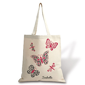 Lillian Vernon Personalized Canvas Tote - Fun Leopard Print Butterfly Design, 100% Cotton Fabric, Custom Printed, 15 inch x 16 inch, Cute Bags for Kids