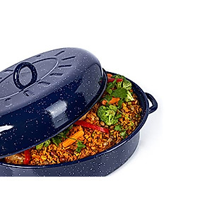 IMUSA USA 18" Traditional Vintage Style Blue Speckled Enamel on Steel Covered Oval Roaster