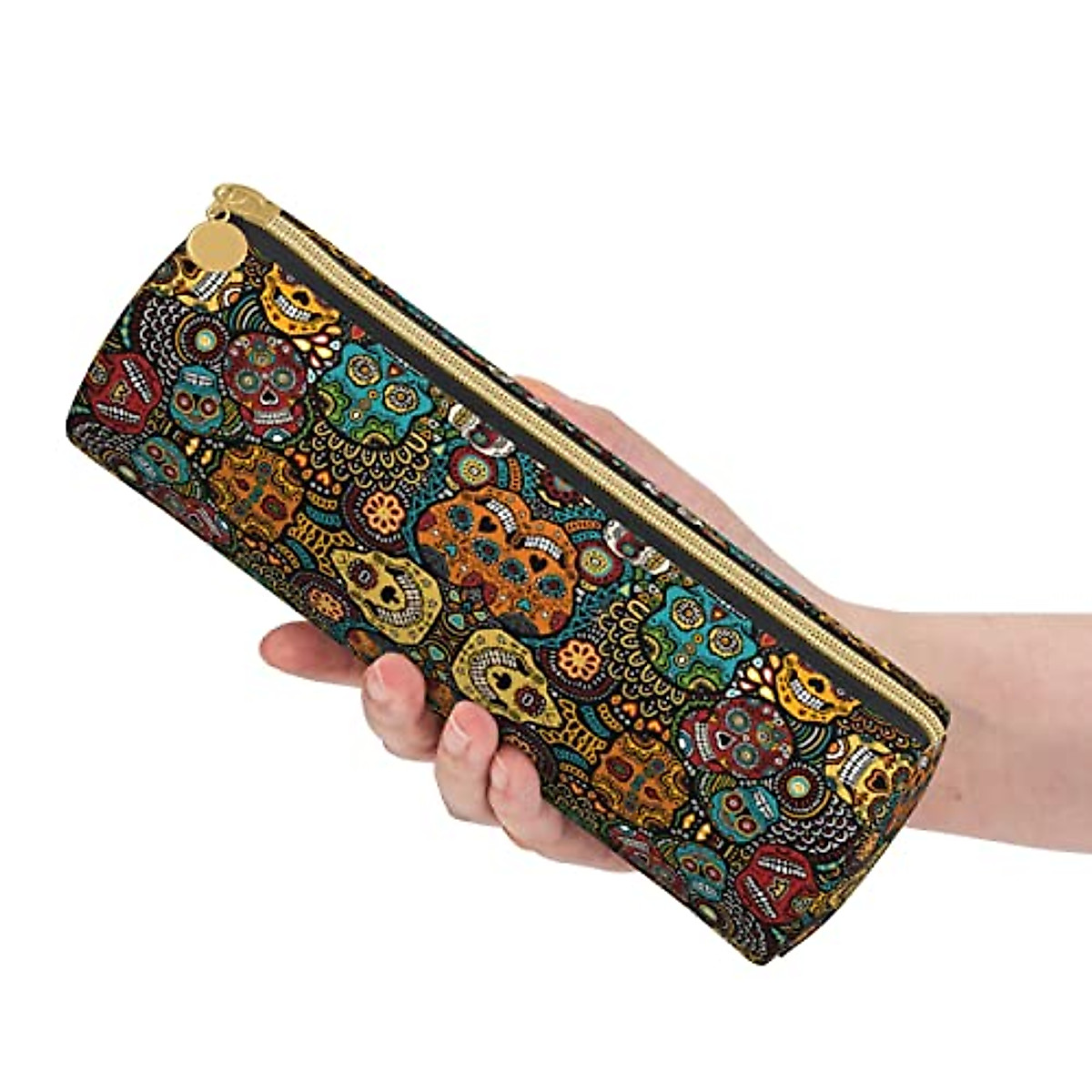 DCARSETCV Colorful Sugar Skulls Pencil Case Cute Pen Case Cylinder Leather Pencil Pouch Office Pencil Box Bag Gifts For Adults Teen School Girls Boys