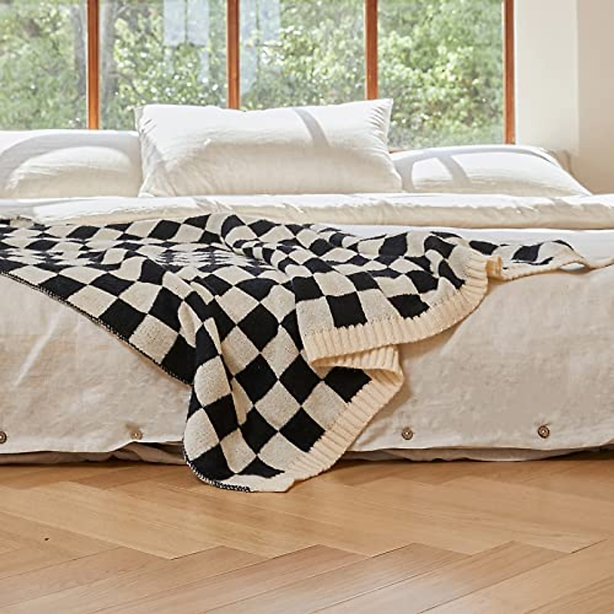 ZonLi Checkered Blanket Weave Knit Throw Blanket Black and White Soft Throw Blanket for Home Bedroom Couch (Black, 50"x60")