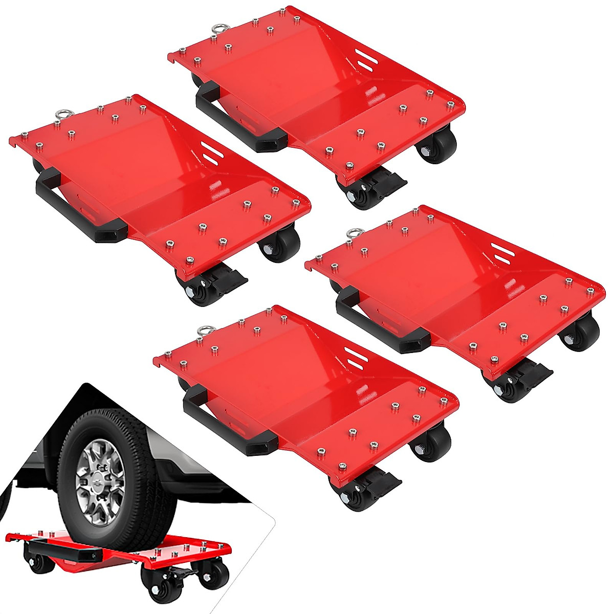 Aoile Car Dolly Set of 4, 8000LBS Capacity Car Dollies with Tow Hooks, Wheel Dolly Set of 4 with Thickened Handles & Sidebar, Car Dolly, Car Wheel Dolly with Security Lock for Moving Vehicles