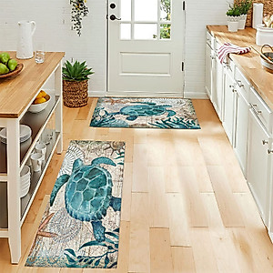 LooPoP Sea Turtle Kitchen Mats for Floor Cushioned Anti Fatigue 2 Piece Set Kitchen Runner Rugs Non Skid Washable Ocean Animal Beach Landscape Sea Theme 15.7x23.6+15.7x47.2inch
