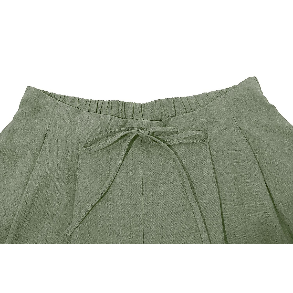 ebossy Women's Summer Drawstring Elastic Waist Cotton Linen Utility Beach Palazzo Pants Pockets (M, Green)