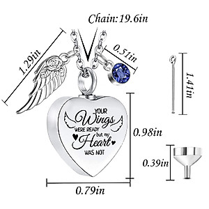 Heart Urn Necklace for Ashes with 12 Birthstones, Cremation Ashes Jewelry Keepsake with Angel Wing - Your Wings were Ready, But My Heart was Not (Your Wings were Ready)