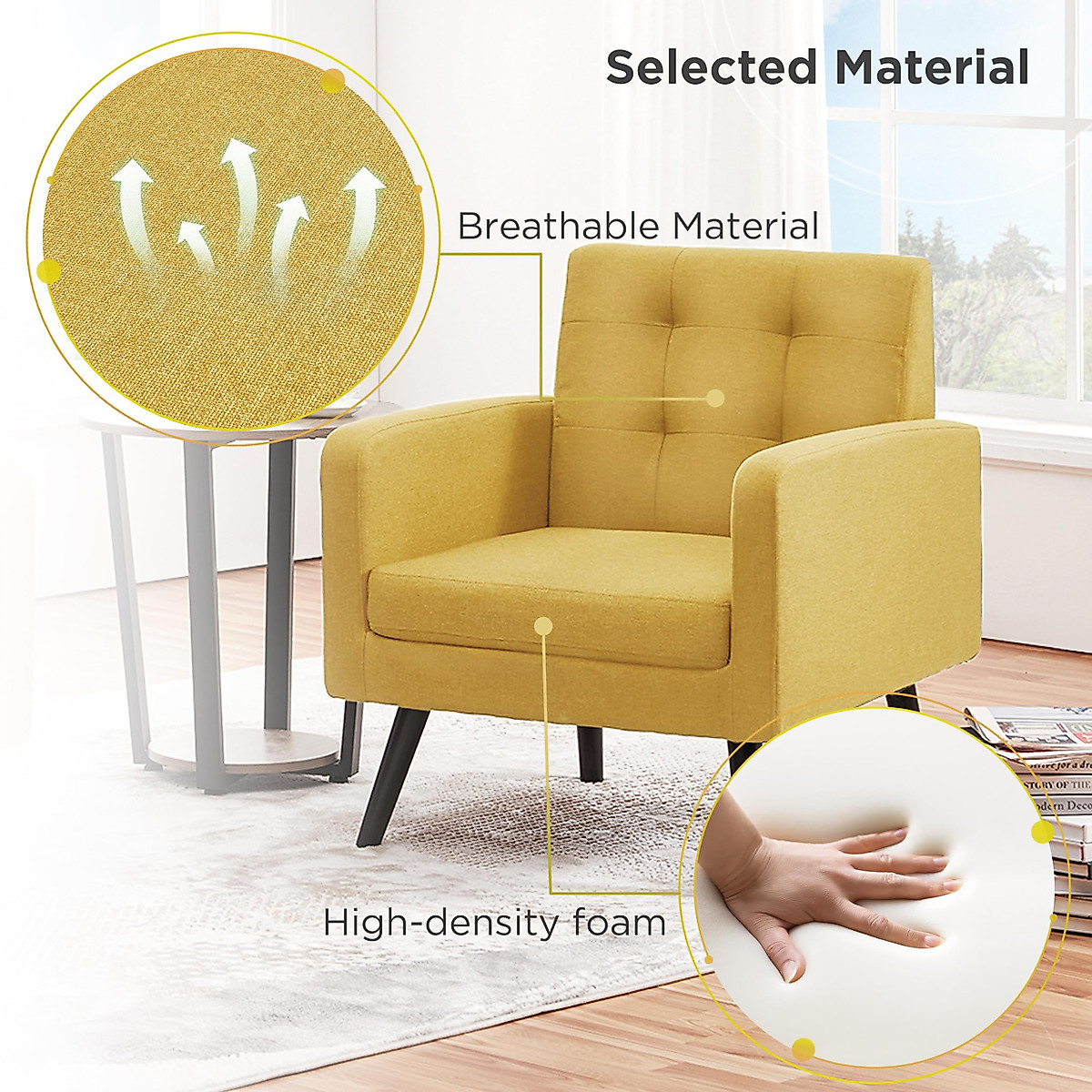 Yaheetech Mid-Century Accent Chairs, Modern Upholstered Living Room Chair, Cozy Armchair Button Tufted Back and Wood Legs for Bedroom/Office/Cafe, Set of 2, Yellow