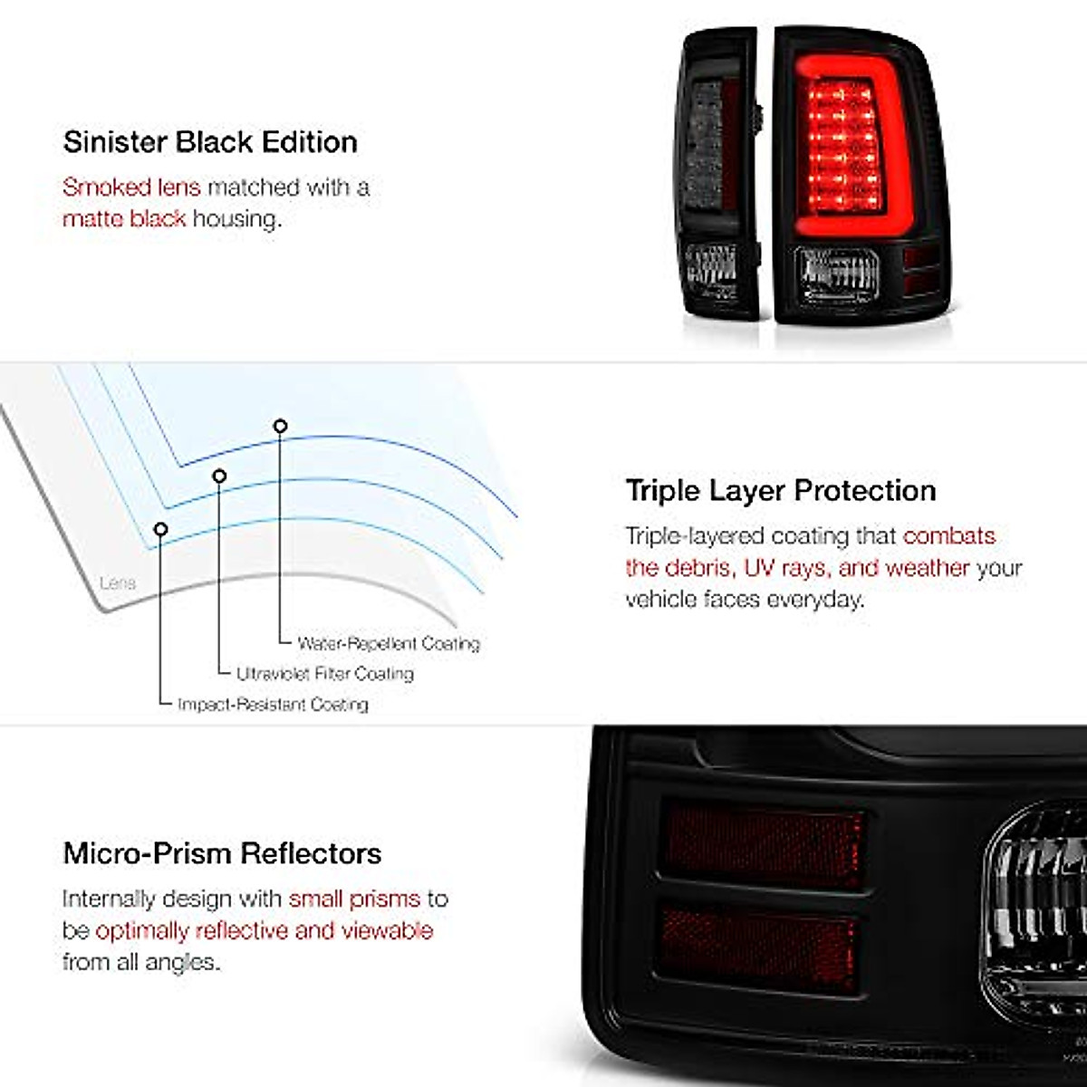 VIPMOTOZ Premium OLED Tube Tail Light Lamp For 2009-2018 Compatible with Dodge RAM 1500 2500 3500 - [Factory Incandescent Model] - Matte Black Housing, Smoke Lens, Driver & Passenger Side