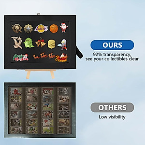 Dustproof Pin Display Case PU Leather 8''x6'' Pin Display Board Shadow Box Frame with Hooks and Wood Frame For Enamel Pin, Military Medals, Jewelry Pins, Pin Badge Collection, Rings, Necklaces (Black)