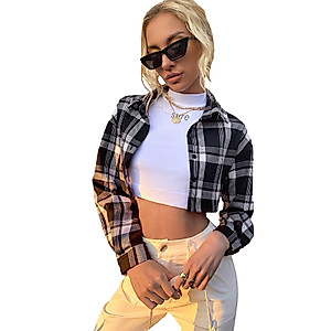 Floerns Women's Long Sleeve Collar Button Down Plaid Crop Top Blouse Black and White M