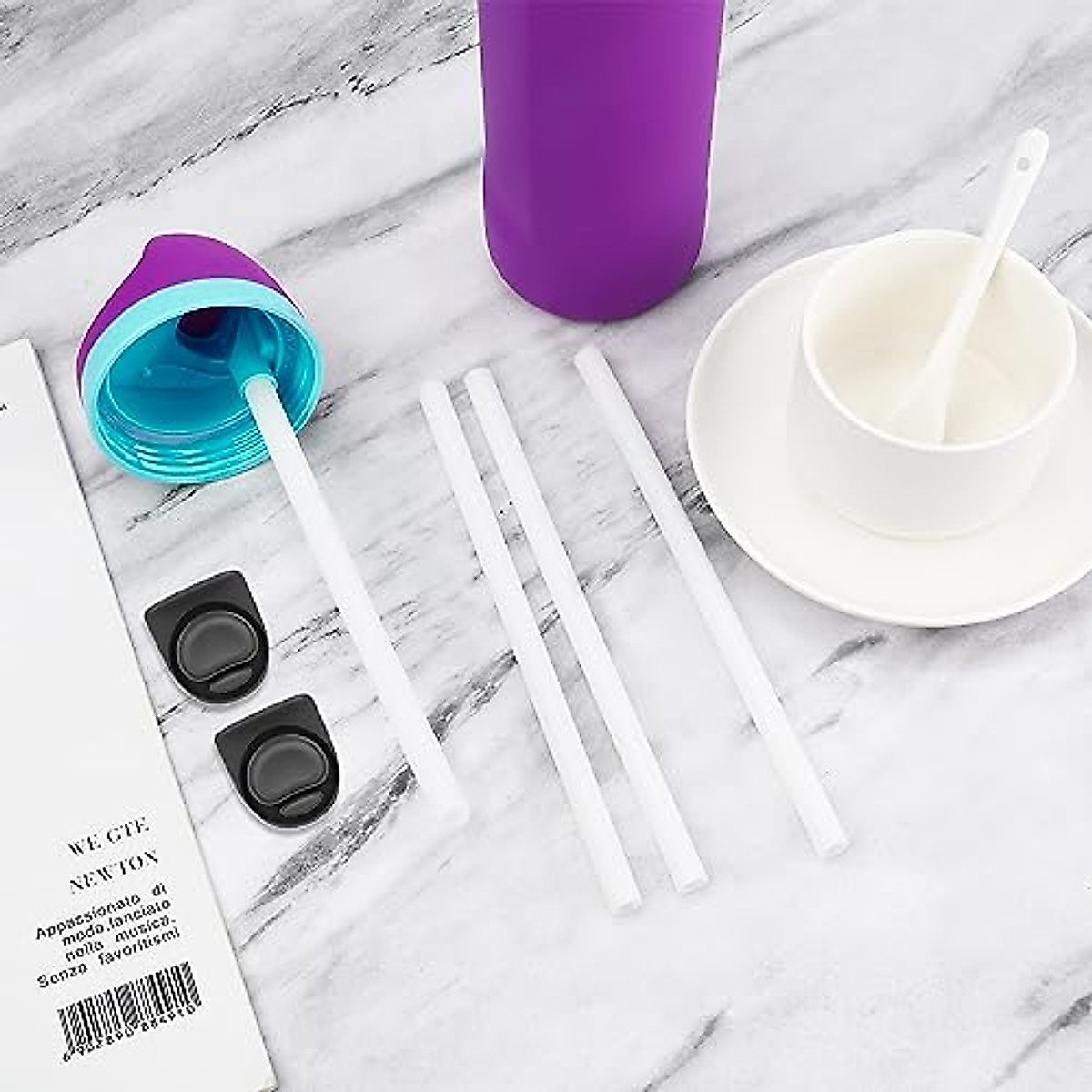 2pcs Replacement Stopper Compatible with Owala FreeSip 24oz 32oz, with 4pcs Straws & 1pcs Straw Cleaning Brush, Water Bottle Top Lid Replacement Parts Bottle Cap Seal Gasket Spill Proof Accessories