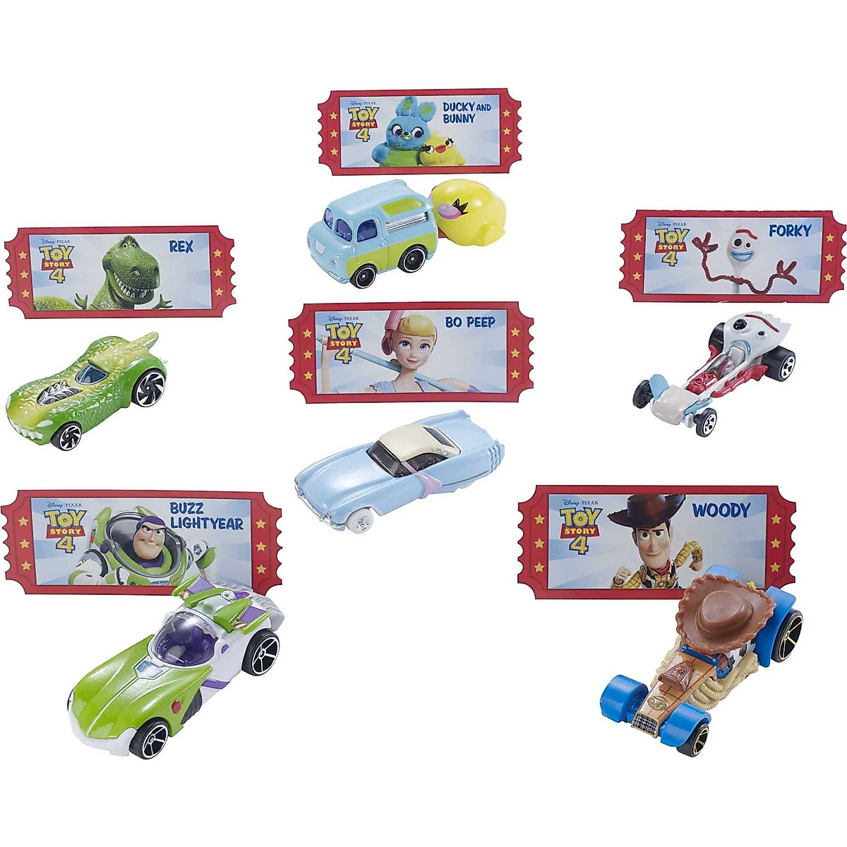 Hot Wheels Disney and Pixar Toy Story 4 Bundle of 6 1:64 Scale Character Cars: Woody, Buzz, Forky, Bo Beep, Rex & Ducky & Bunny [Amazon Exclusive]