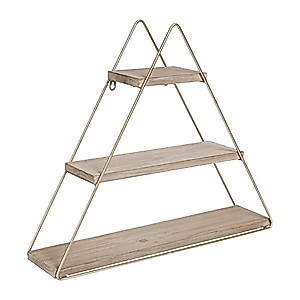 Kate and Laurel Tilde Small Three Tiered Triangle Floating Metal Wall Shelf, White and Gold