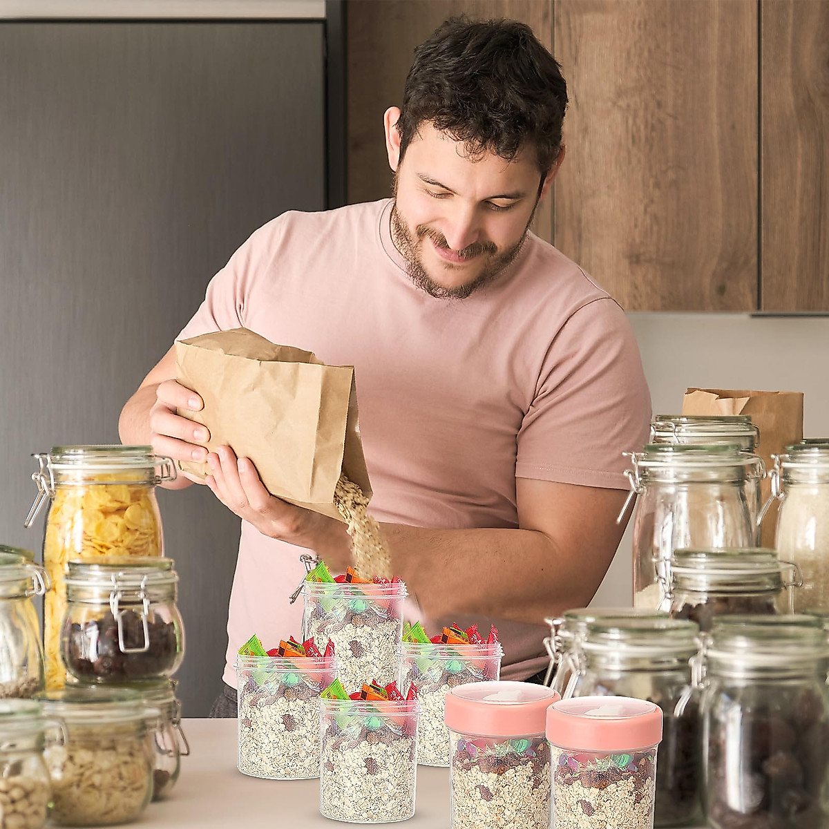 Sliner 12 Pcs 19 oz Plastic Overnight Oats Containers with Lids and Spoons Leakproof Plastic Containers Large Capacity Portable Overnight Oats Jars Oatmeal Cups for Yogurt Salad Cereal Food Storage