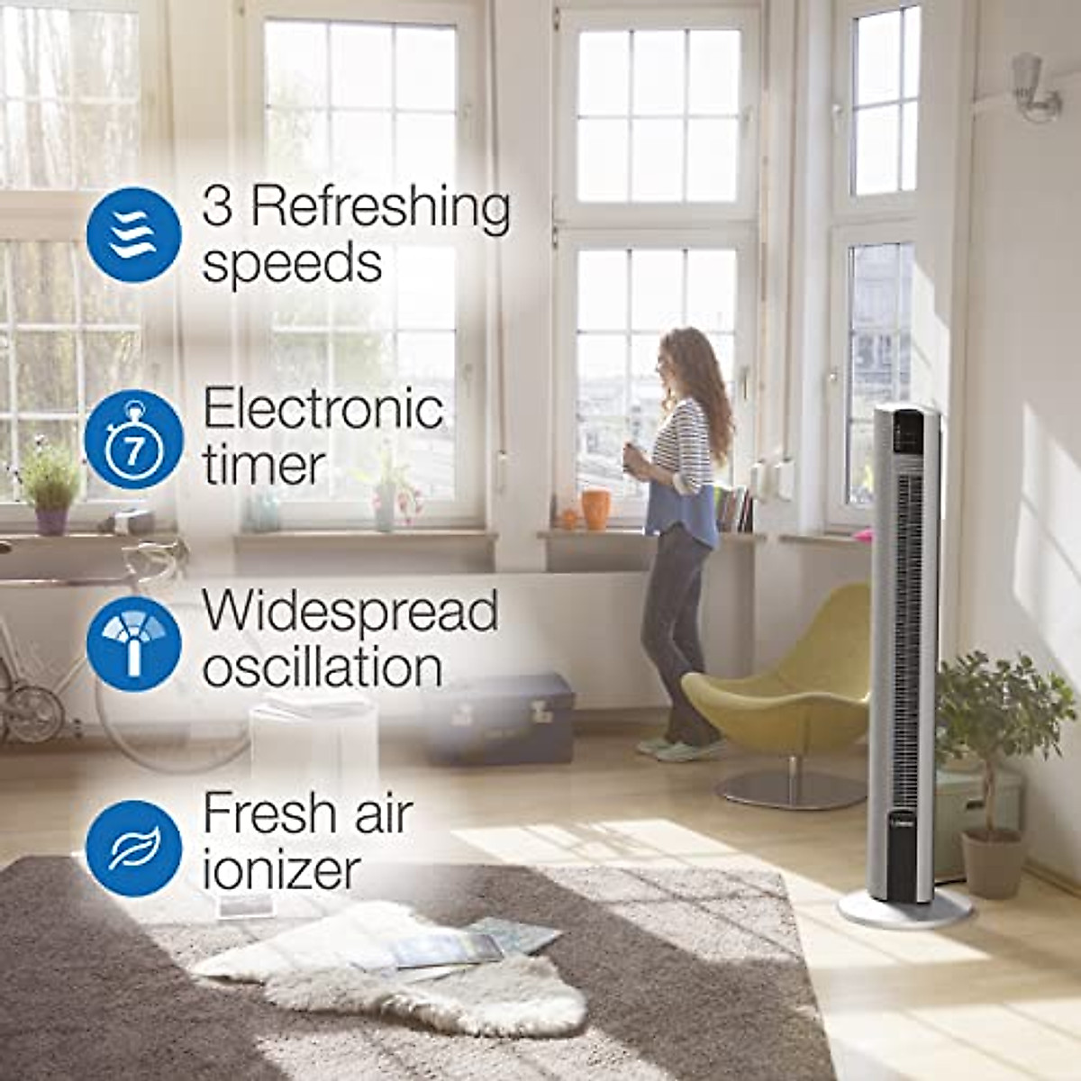 Lasko Portable Electric 48" Oscillating Tower Fan with Fresh Air Ionizer, Timer and Remote Control for Indoor, Bedroom and Home Office Use, Gray T48310