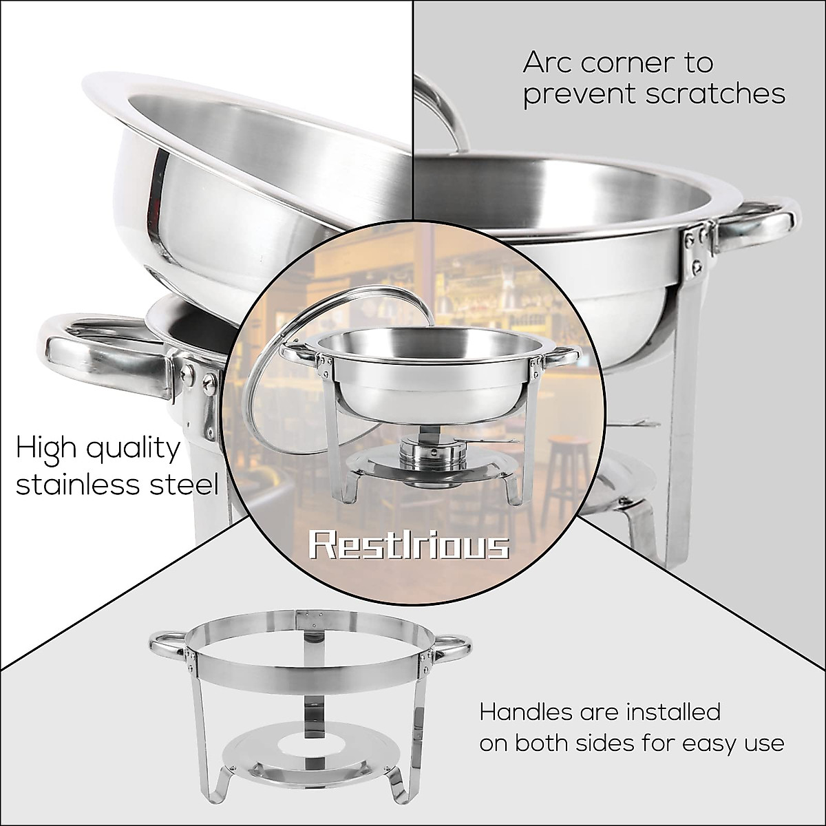 Restlrious Chafing Dish Buffet Set 4 Pack Stainless Steel Round Chafers and Buffet Warmers Set with Glass Viewing Lid, 5QT Complete Set for Buffet Catering w/Water Pan, Food Pan, Fuel Holder