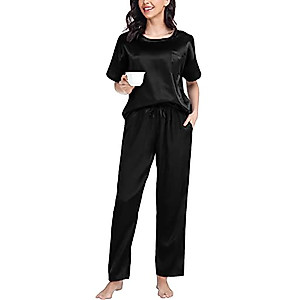 SWOMOG Pj set for Women Silk Pajamas Sleepwear Long Pant Pajama Set Soft Pajamas Satin Pjs Loungewear Two Piece Short Sleeve Pj Set Black M