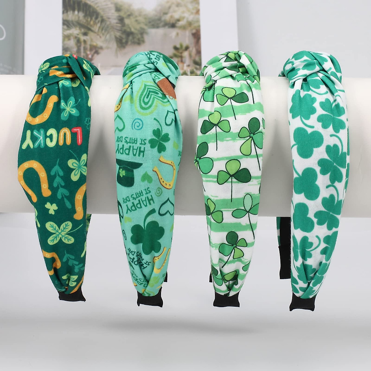 Budsmile 4PCS St. Patrick’s Day Headbands for Women Girls Party Gift Non-Slip Green Shamrock Leaves Knotted Wide Hairbands Yoga Hair Band Hair Hoops