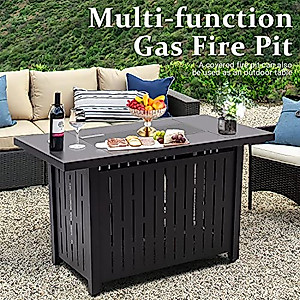 Greesum 43 Inch Outdoor Gas Fire Pit Table, 50,000 BTU Steel Propane Firepit with Wind Guard and Blue Glass Rock, Add Warmth and Ambience to Parties On Patio Garden Backyard, Black