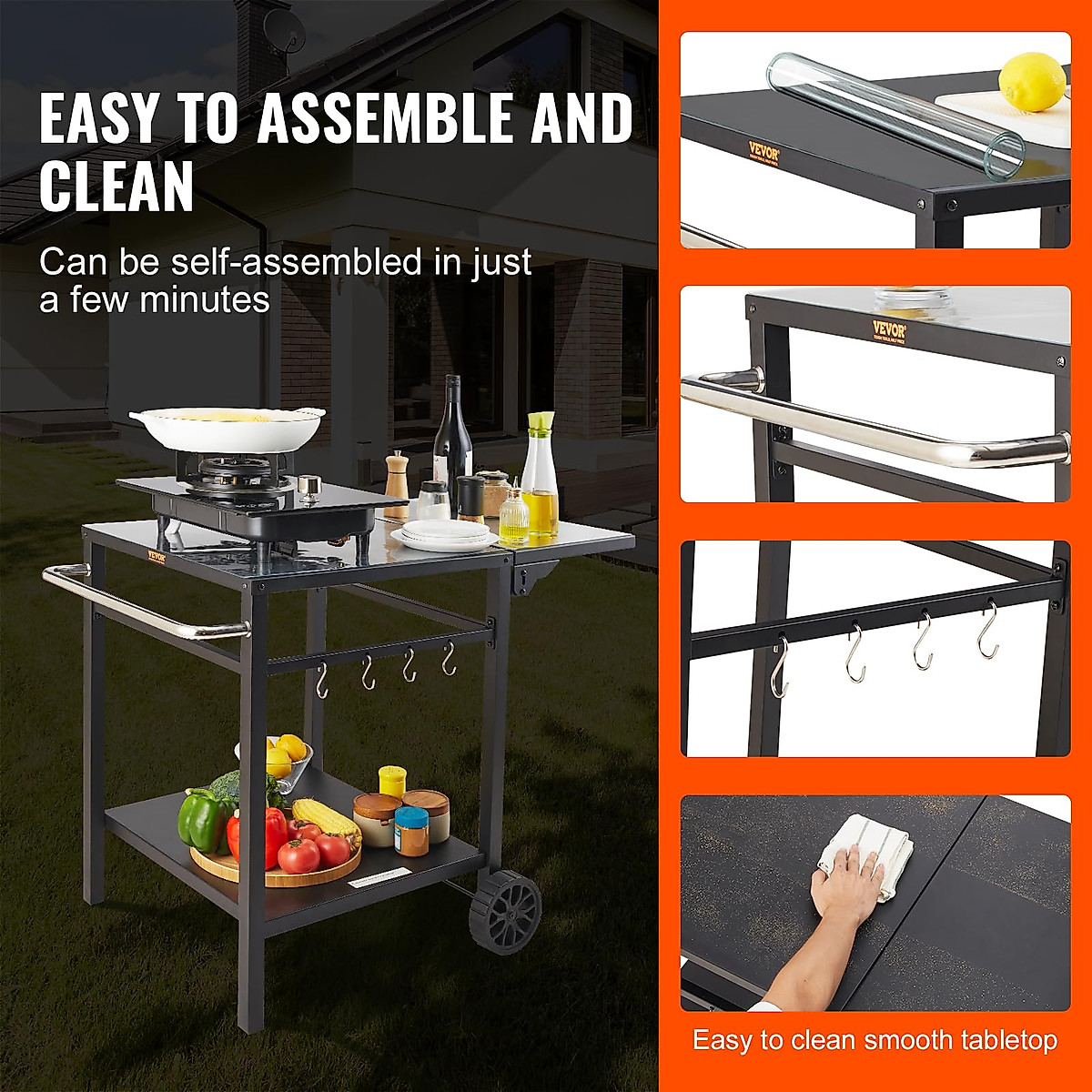VEVOR Outdoor Grill Dining Cart with Double-Shelf, BBQ Movable Food Prep Table, Multifunctional Foldable Iron Table Top, Portable Modular Carts for Pizza Oven, Worktable with 2 Wheels, Carry Handle