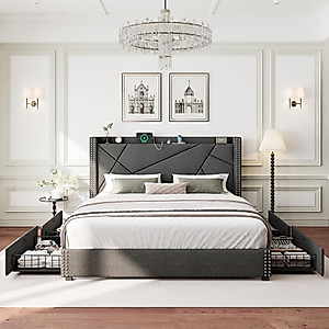 iPormis Queen Storage Bed Frame with 4 Drawers, Upholstered Bed Frame with Minimalist Wingback Headboard and Charging Station, No Box Spring Needed, Dark Gray