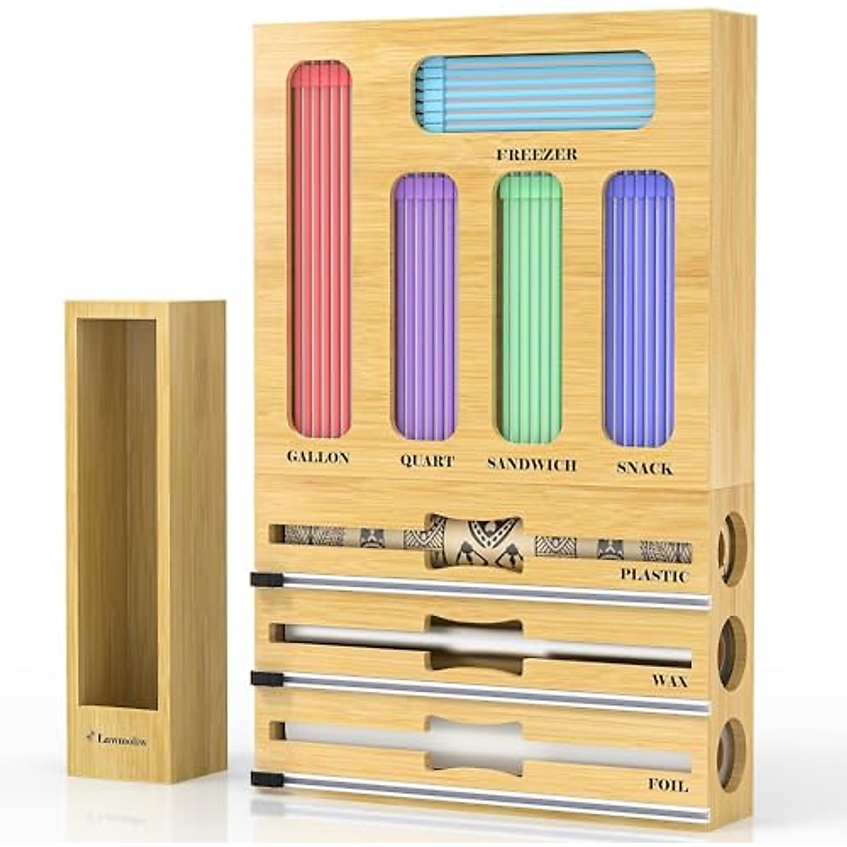 Lawmoliw Bag Storage Organizer for Kitchen Drawer, 9 in 1 Foil and Plastic Wrap Dispenser with Cutter, Bamboo Plastic Bag Food Baggie Organizer for Gallon, Quart, Sandwich, Snack, Freezer