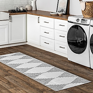 nuLOOM 2' x 10' SpinClean Machine Washable Stain-Resistant Area Rug with Non Slip Backing, Low Profile for Living Room, Bedroom, and Dining Room, Romina White