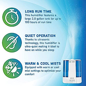 PureGuardian H5225WCA Ultrasonic Warm & Cool Mist Humidifier, 100 Hrs. Run Time, 2 Gal. Tank, 560 Sq. Ft. Coverage, Quiet, Filter Free, Silver Clean Treated Tank, Essential Oil Tray, White/Blue