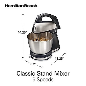 Hamilton Beach Classic Stand and Hand Mixer, 4 Quarts, 6 Speeds with QuickBurst, Bowl Rest, 290 Watts Peak Power, Black and Stainless