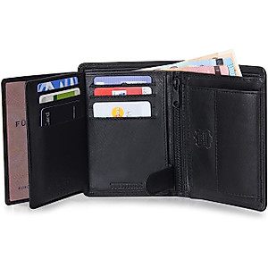 Frentree Men's Trifold Nappa Leather Wallet, 15 Card Slots, RFID Protection, Portrait Format, Black