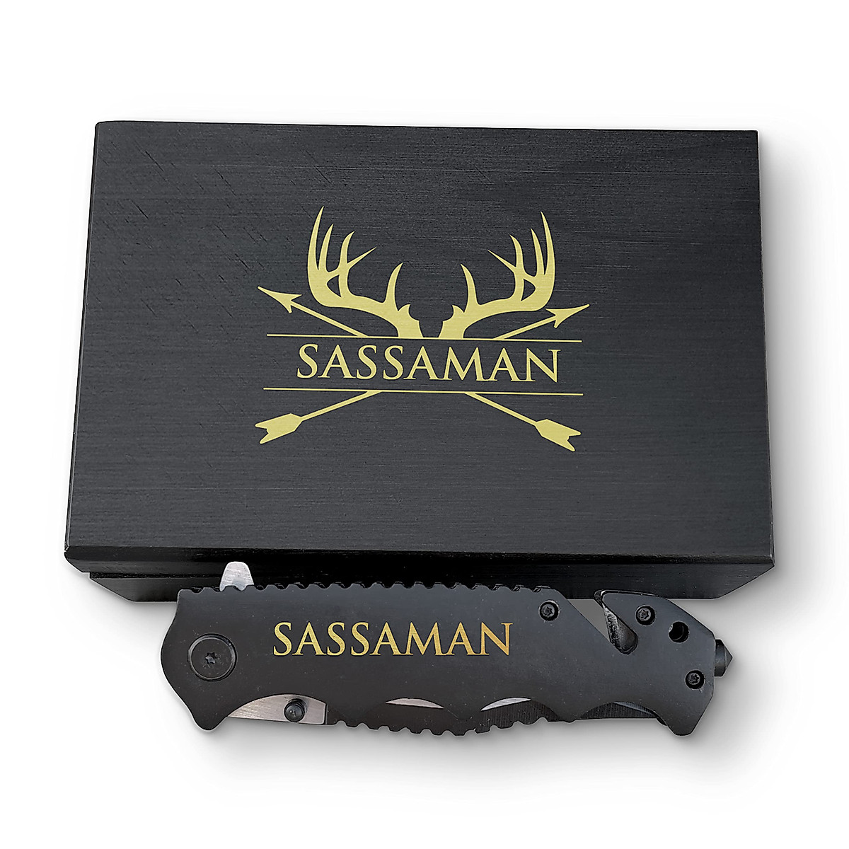 Krezy Case Personalized Knife with Glass Breaker, Multi-Purpose Knife with Engraved Box, Saasaman' Engraved Customized Knife
