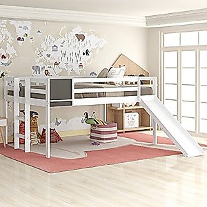 LostCat Full Loft Bed with Slide, Low Loft Bed, Full Wood Loft Bed Full Size Loft Bed with Slide & Ladder, Safety Guardrail for Kids/Girls/Boys, No Box Spring Needed, White