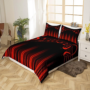 Feelyou Abstract Ombre Bedding Set Full Size Kids Red and Black Musical Comforter Cover Set for Boys Girls Teens Music Geometric Duvet Cover Striped Bedspread Cover Room Decor Quilt Cover