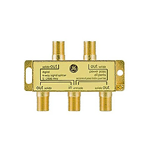 GE Digital 4-Way Coaxial Cable Splitter, 2.5 GHz 5-2500 MHz, RG6 Compatible, Works with HD TV, Satellite, High Speed Internet, Amplifier, Antenna, Gold Plated Connectors, Corrosion Resistant, 33527