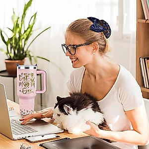Mindunm 40 oz Cute Cat Tumbler with Handle and Straw Lid cat gifts for cat lovers for Women Double Insulated Cup Travel Coffee Mug