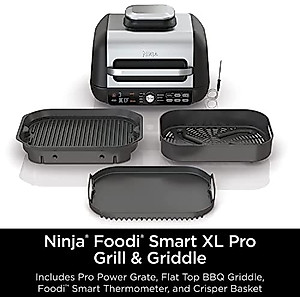 Ninja IG651 Foodi Smart XL Pro 7-in-1 Indoor Grill/Griddle Combo, use Opened or Closed, with Griddle, Air Fry, Dehydrate & More, Pro Power Grate, Flat Top Griddle, Crisper, Smart Thermometer, Black (Renewed)