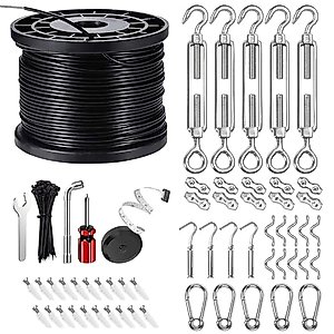 UGarden String Light Hanging Kit with 170ft Coated Stainless Steel 304 Tension Wire Rope, Outdoor Light Guide Wire kit, String Lights Suspension Kit