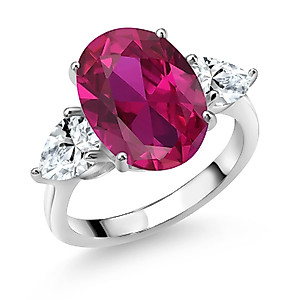 Gem Stone King 925 Sterling Silver Red Created Ruby and White Created Sapphire Ring For Women (5.00 Cttw, 14X10MM Oval and 7X5MM Pear Shape, Gemstone July Birthstone, Available In Size 5, 6, 7, 8, 9)
