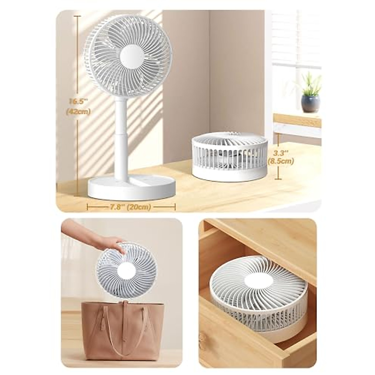 KASYDoFF Portable Desk Fan, 8-Inch USB Battery Operated Fan with 4 Speeds Strong Airflow, Foldable Personal Fan for Bedroom, Small Travel Fan for Outdoor