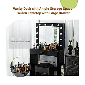JOYSOURCE Large Vanity Set with 12 Lights Bulbs, Desk Black Makeup Table with Cushioned Stool for Women, Girls, Bedroom