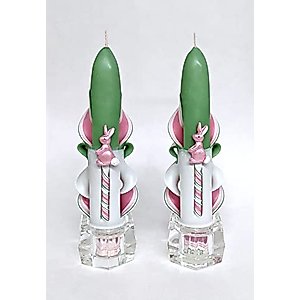 Carved Taper Candles with Easter Bunny (Pink/Green, Pink Bunny) - 6 Inch