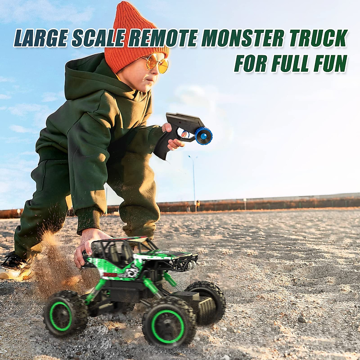 DOUBLE E 1:12 Scale Large Remote Control Car Monster Trucks for Boys with Head Lights 4WD Off All Terrain RC Car Rechargeable Vehicles Xmas Gifts for Kids